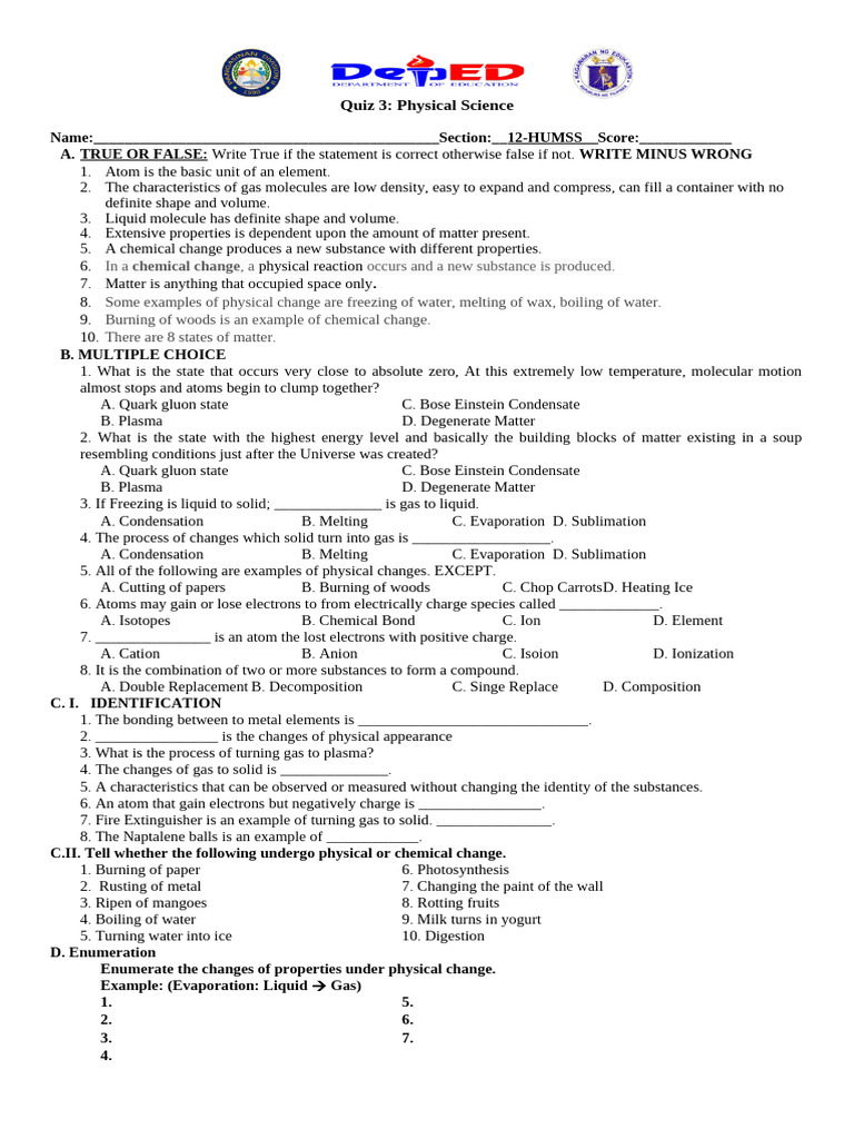 Physical Science Quiz 3 | PDF | Matter | Ion