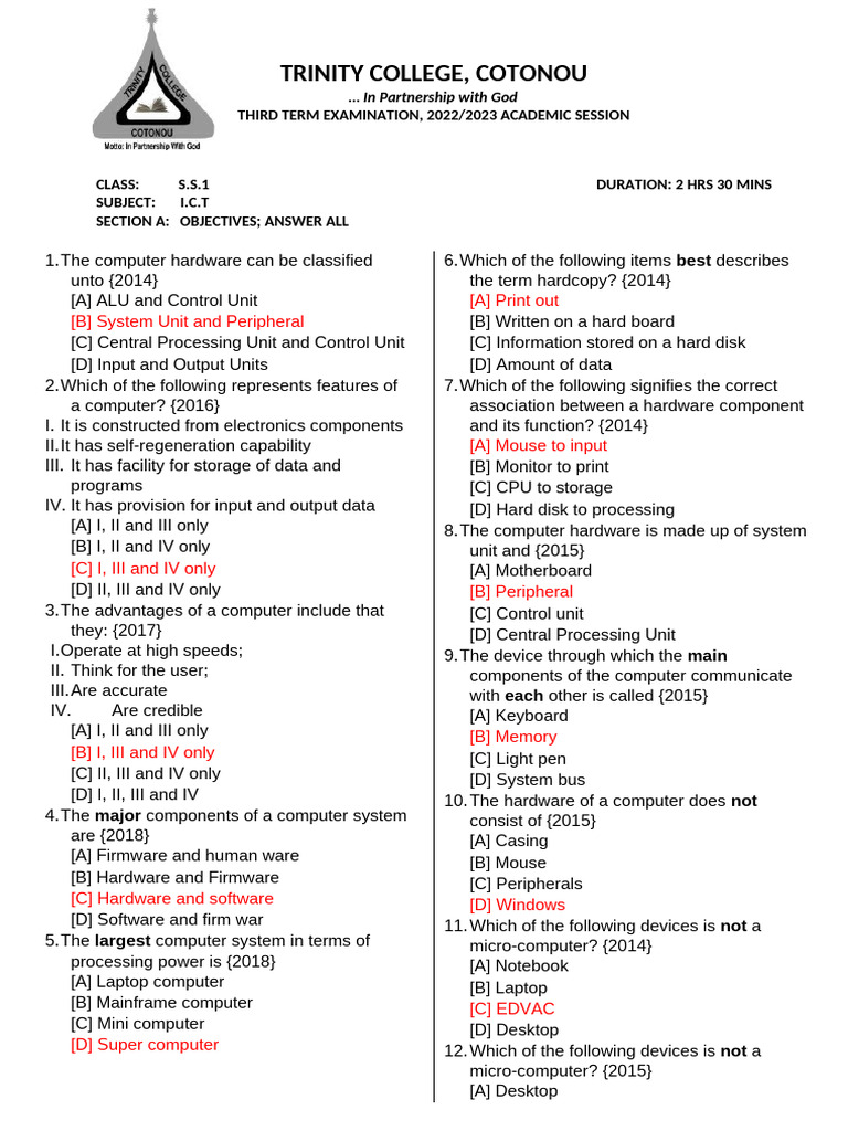 Third Term Examination (S.S.S.1 to S.S.S.2) (Computer_Marking_Guide) Mr Charles | PDF | Random ...