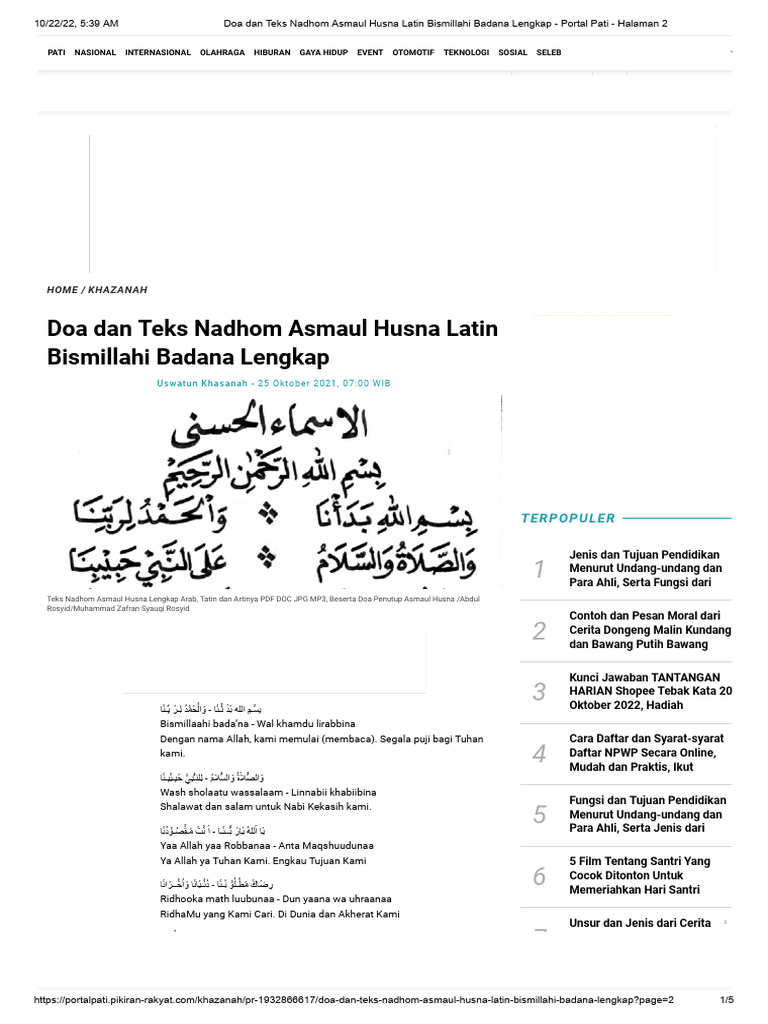 Doa Dan Teks Nadhom Asmaul Husna Latin Bismillahi Badana Lengkap - Portal Pati - Halaman 2 | PDF