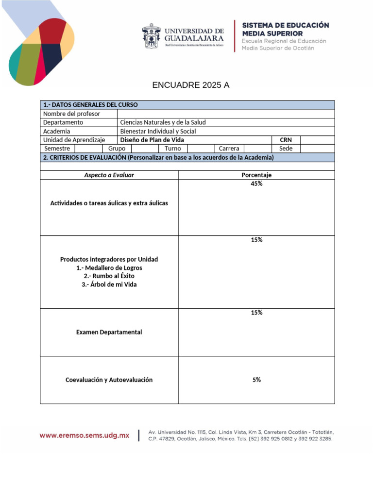 Encuadre 2025 A Diseño de Plan de Vida | PDF | Evaluación