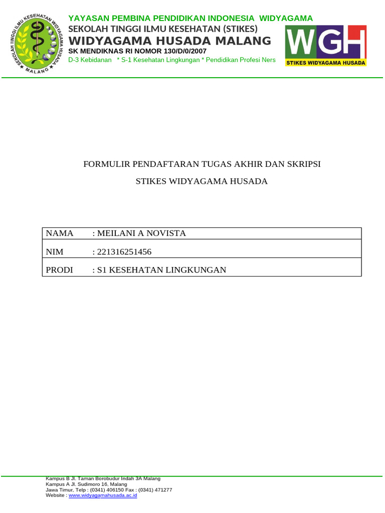 Formulir Pendaftaran Skripsi STIKES Widyagama | PDF