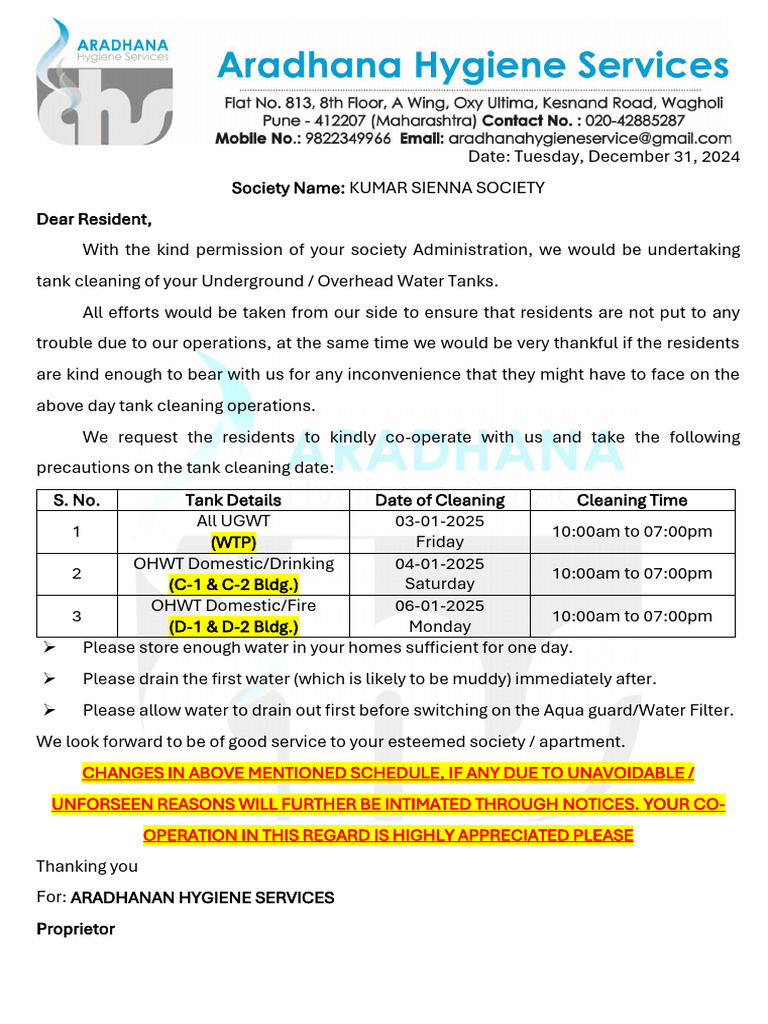 Water Tank Cleaning Schedule Notification | PDF