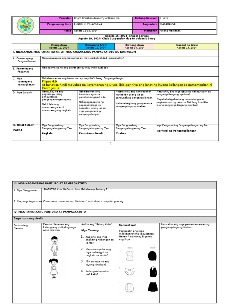 DLL Matatag - Makabansa 1 - Q1 - W2 | PDF