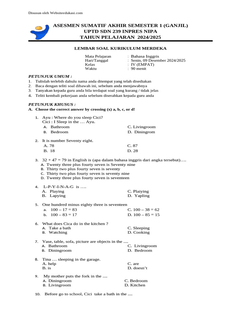 SAS 1 Kelas IV - Bhs - Inggris | PDF