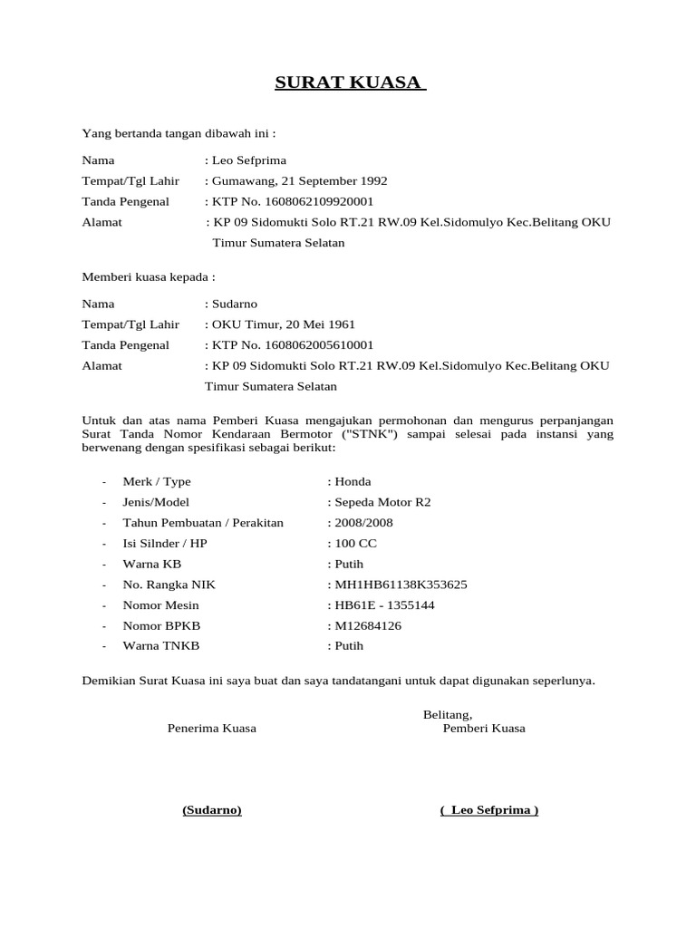 Surat Kuasa Pengurusan STNK Motor | PDF