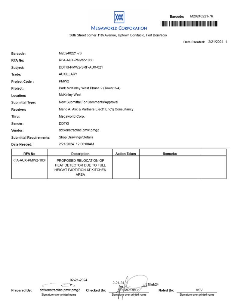 Rfa-Aux-pmw2-1030-Relocation of Heat Detector Due To Full Height ...