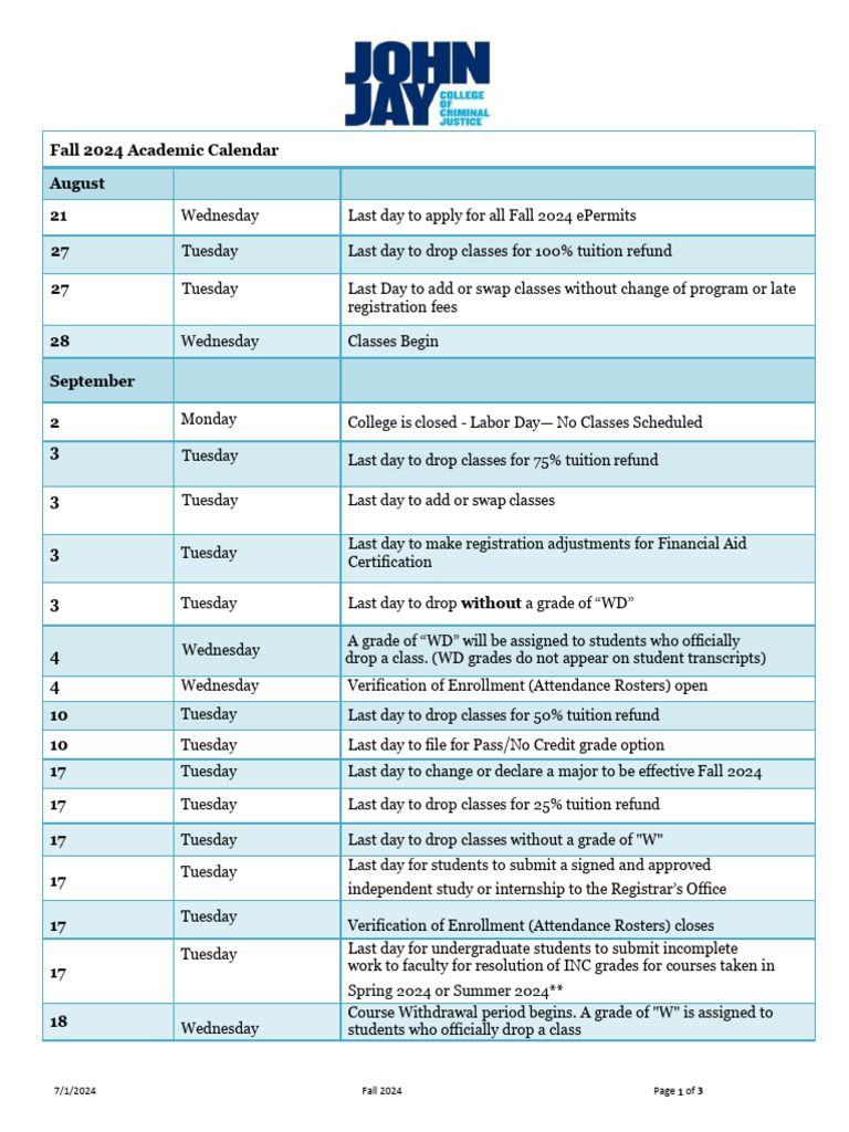 Fall 2024 Academic Calendar Updated 7 5 24 | PDF | Educational Stages