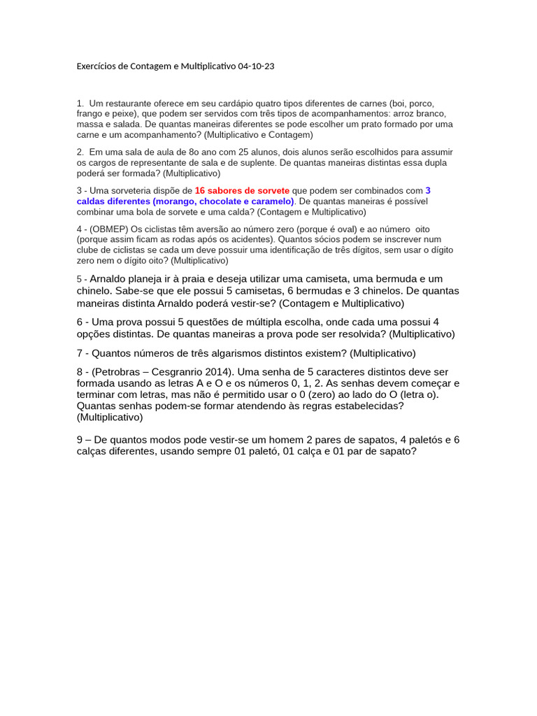 Exercícios de Contagem e Multiplicativo 9 Ano | PDF