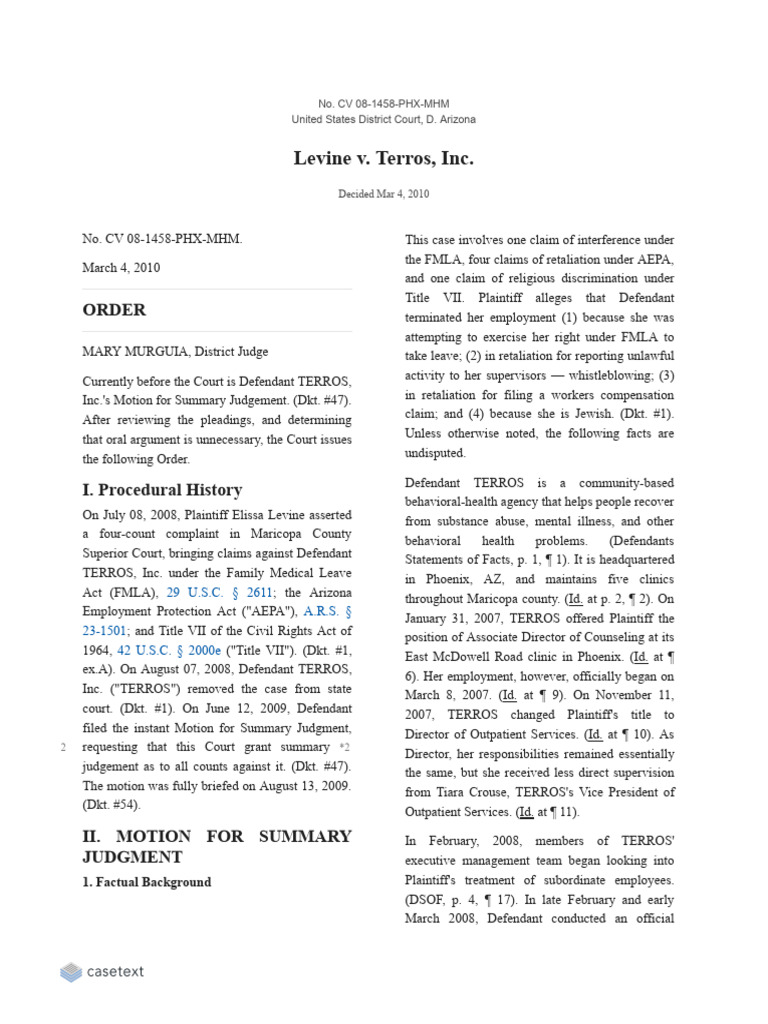 Levine v. Terros, Inc | PDF | Summary Judgment | Family And Medical Leave Act Of 1993