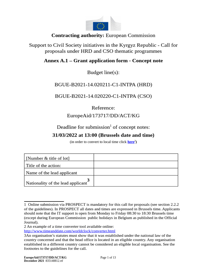 Annex A1. Grant Application Form-Concept Note | PDF | European Union ...