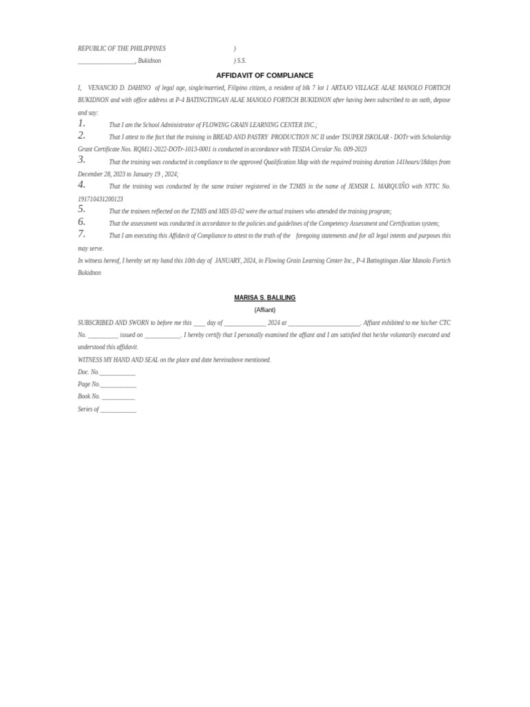 Affidavit of Compliance for Training Program | PDF