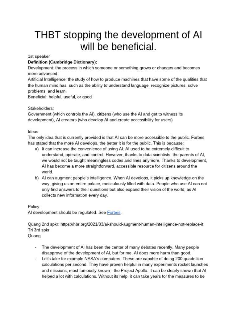 THBT Stopping The Development of AI Will Be Beneficial. Opposition | PDF