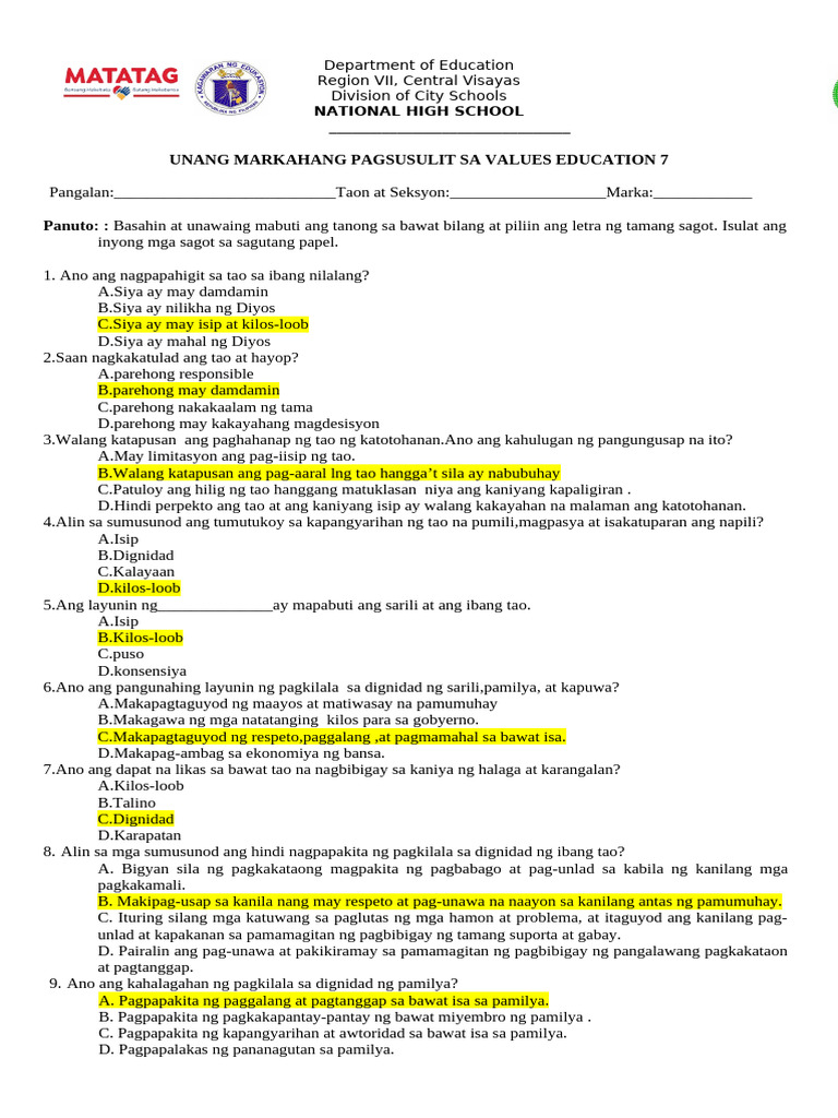 q1 exam-VAL-ED-ANS.KEY | PDF
