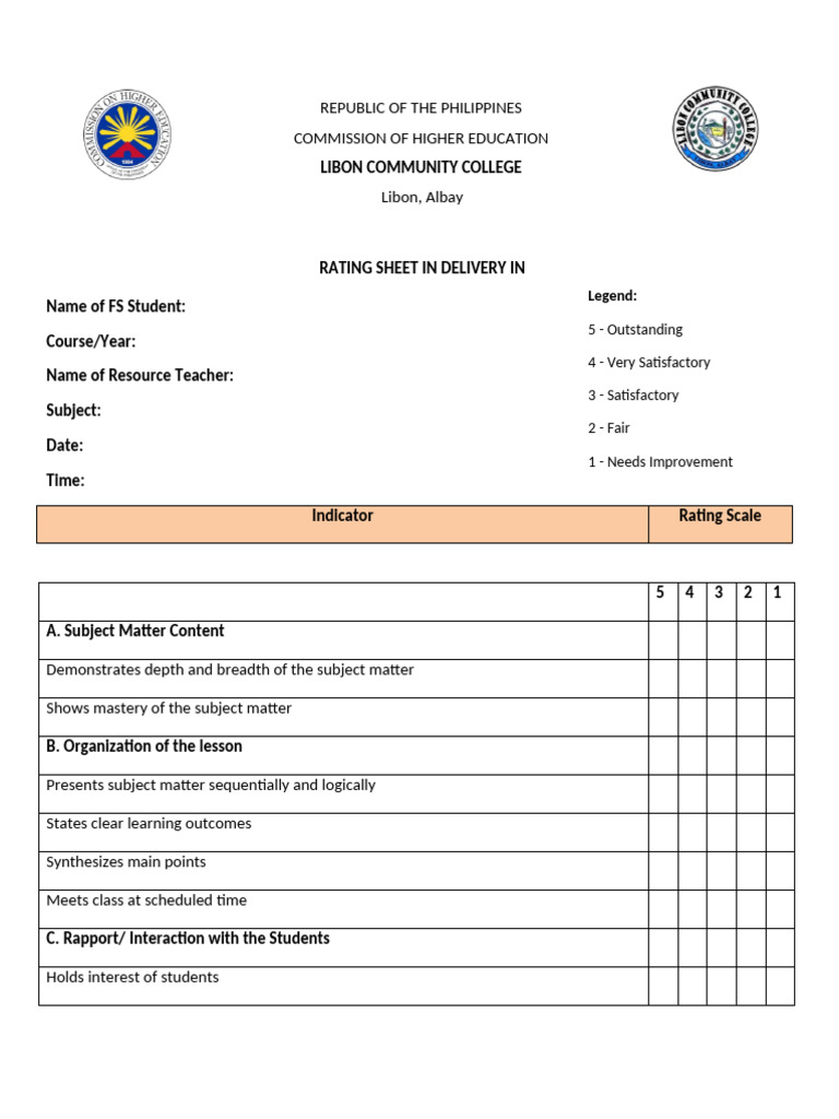 Rating Sheet | PDF | Teachers | Teaching Method