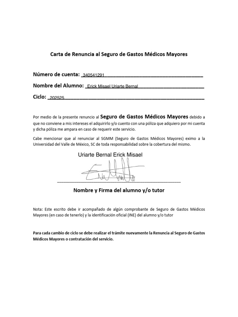 Carta de Renuncia Al Seguro de Gastos Médicos Mayores | PDF