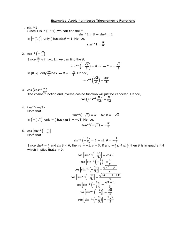 Examples Applying Inverse Trigonometric Functions Pdf Trigonometric 3168