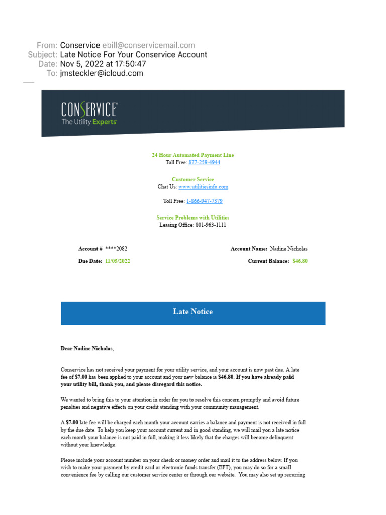 Late Notice For Your Conservice Account | PDF | Credit Card | Payments