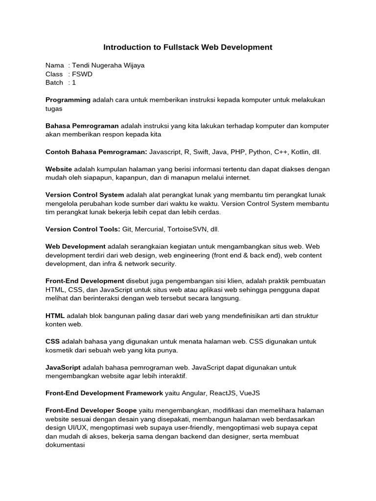 Resume Introduction To Fullstack Web Development - Tendi | PDF