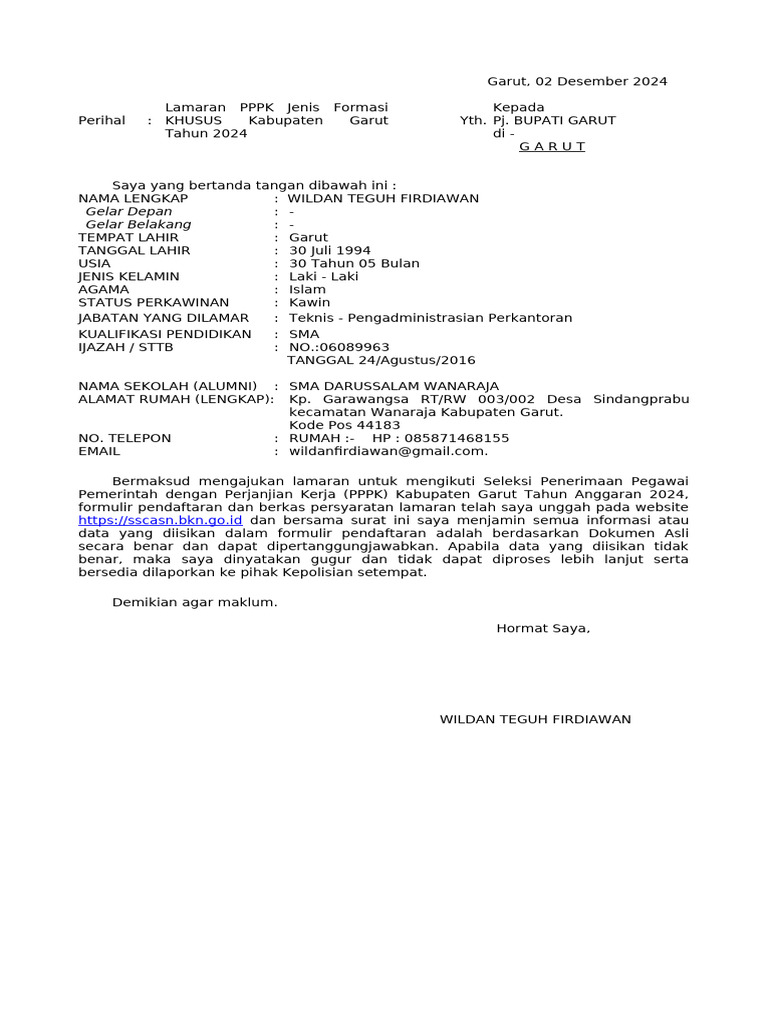 Format Surat Lamaran Pppk 2024 (1) | PDF
