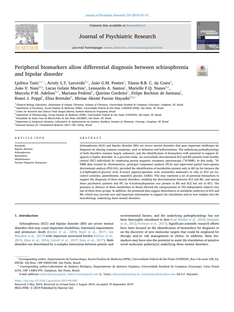 Peripheral Biomarkers Allow Differential Diagnosis Between Schizophrenia | PDF | Proton Nuclear ...