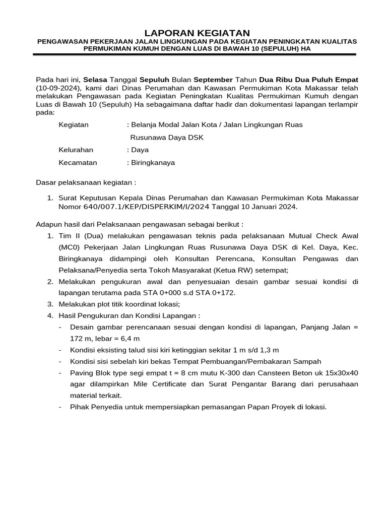 Laporan Pengawasan Pekerjaan Ruas Jalan Rusun Daya DSK | PDF