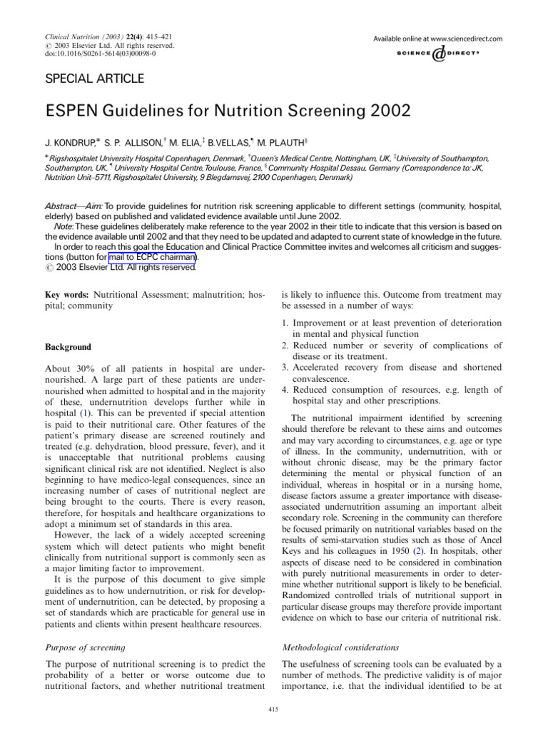 Nutritional Risk Screening 2002 | PDF | Malnutrition | Screening (Medicine)