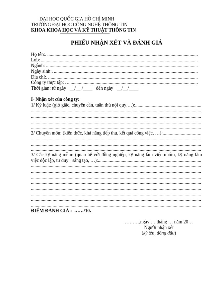Phieu - Nhan - Xet Va Danh - Gia | PDF