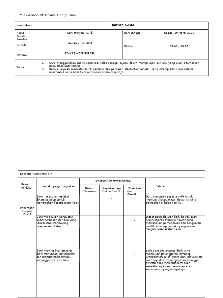 Formulir B Pelaksanaan Observasi Kinerja Guru | PDF