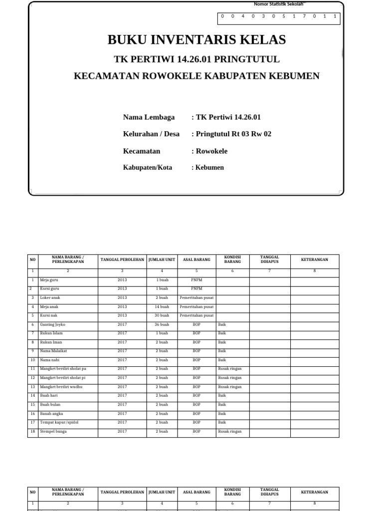 Buku Inventaris Kelas | PDF