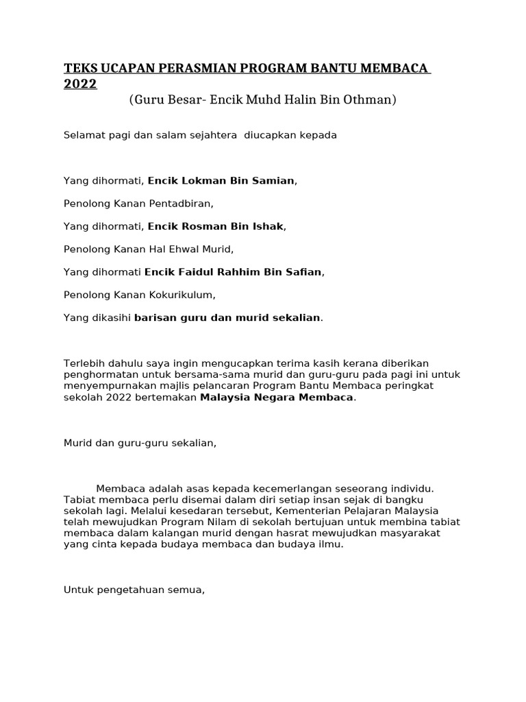 TEKS UCAPAN PERASMIAN PROGRAM BANTU MEMBACA 2022 | PDF