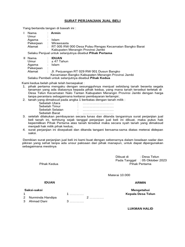 SURAT PERJANJIAN JUAL BEL1 | PDF