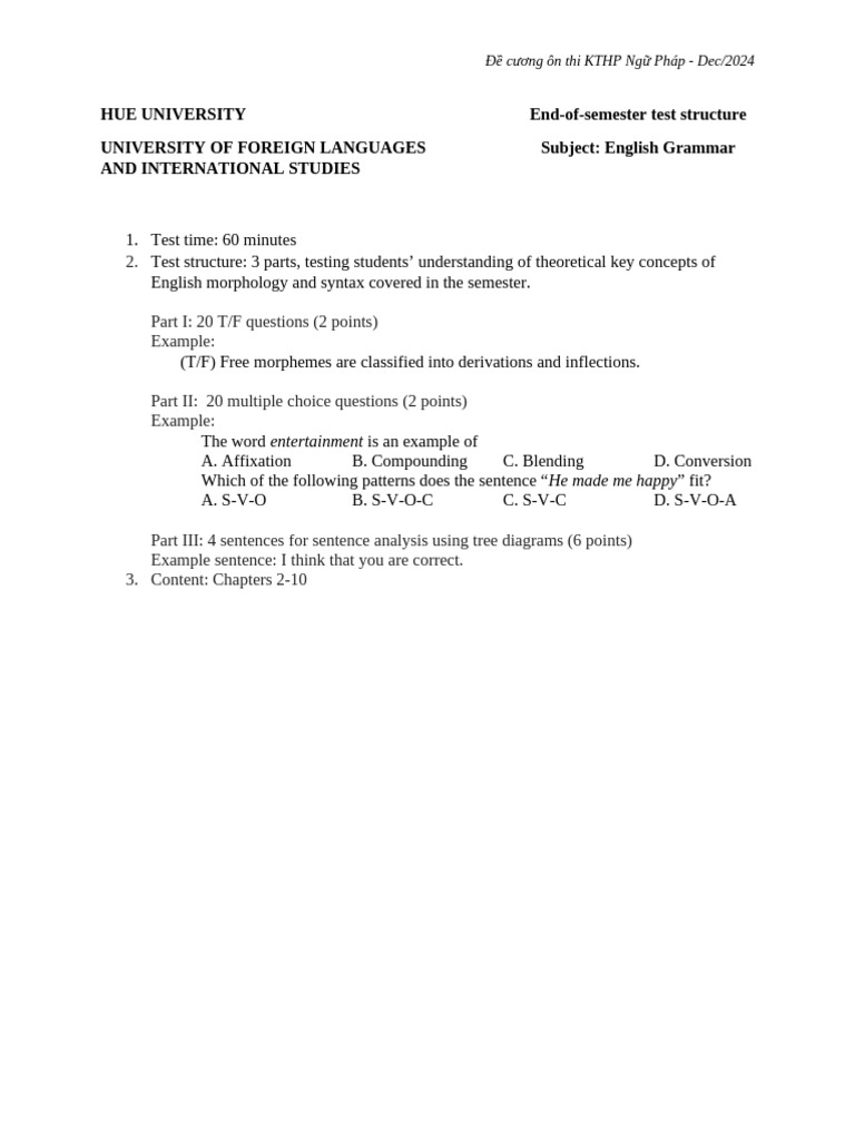 De Cuong On Thi KTHP Ngu Phap - Dec 2024 | PDF