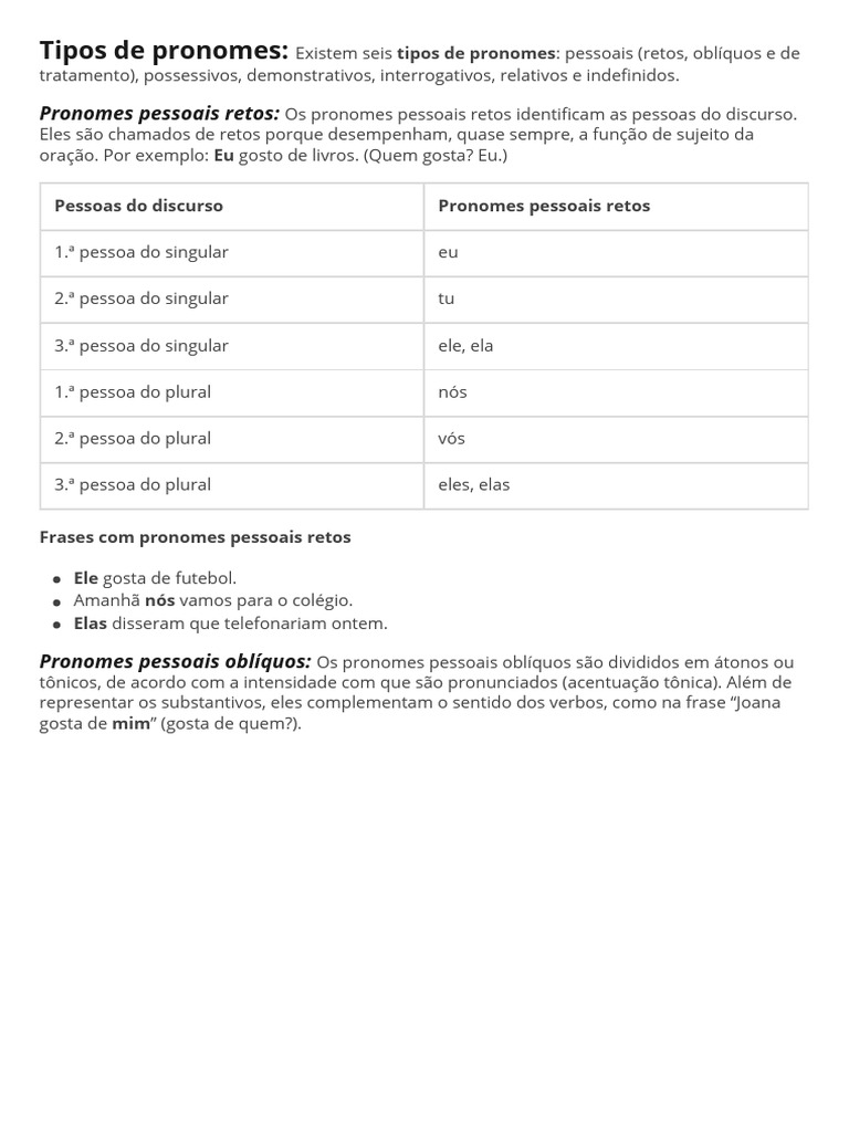 Guia Completo sobre Tipos de Pronomes | PDF | Pronome | Número gramatical