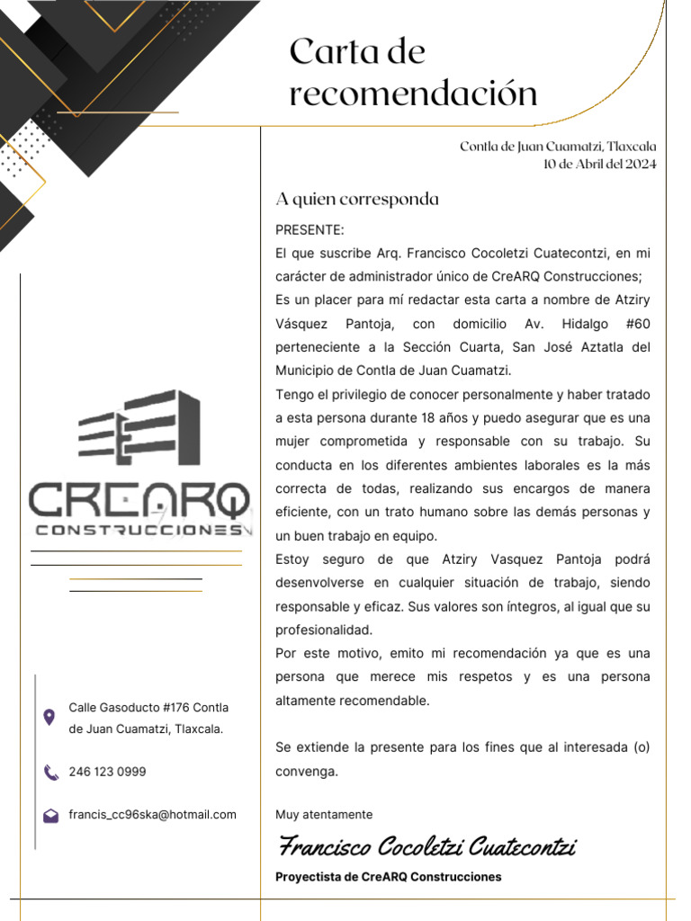 Recomendación profesional Atziry Vásquez | PDF