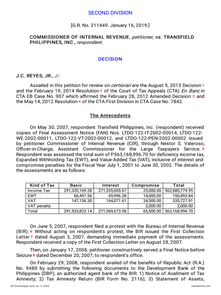 18 CIR vs. Transfield Philippines | PDF | Taxes | Internal Revenue Service