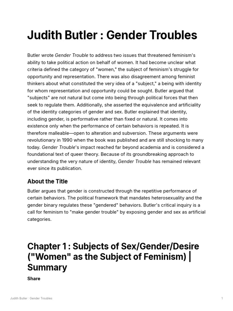 Judith Butler Gender Troubles | PDF | Gender | Gender Studies