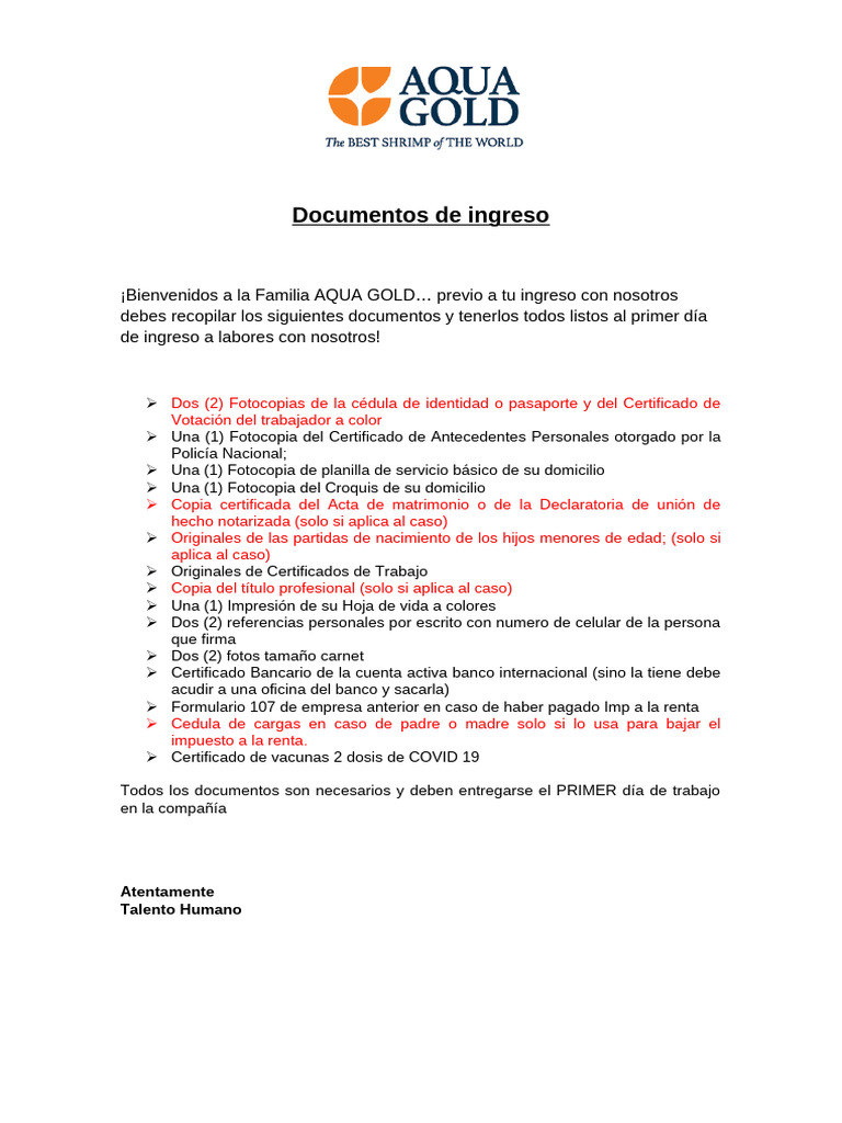 Documentos Necesarios para Ingreso | PDF