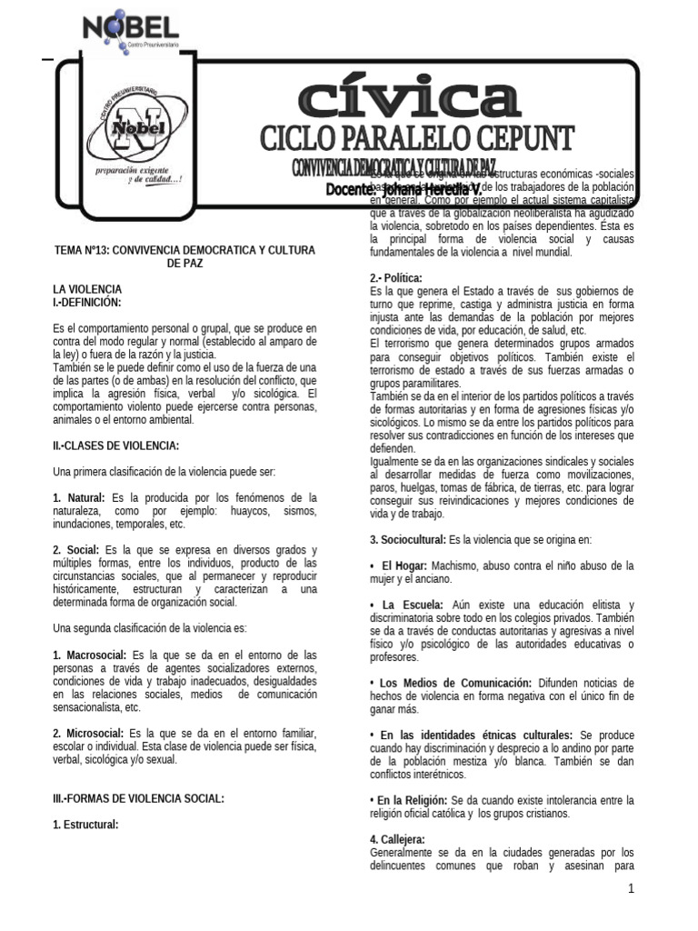 Sesion 13 Civica - Violencia Social - Nobel Sin Claves | PDF | Violencia | Discriminación