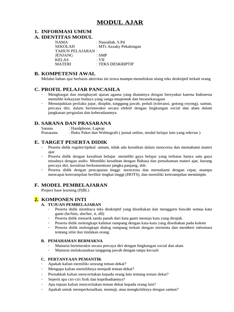 MODUL AJAR 2 Descriptive Text | PDF