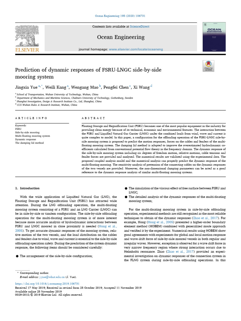 Prediction of dynamic responses of FSRU-LNGC side-by-side mooring system | PDF | Fluid Dynamics ...