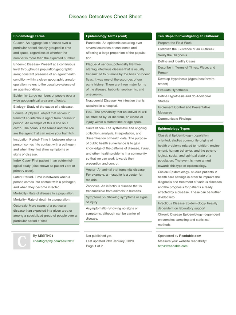 Cheat Sheet Disease-Detectives F | PDF | Infection | Preventive Healthcare