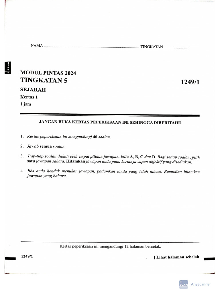 Trial K1 Sejarah SPM 2024 - Selangor SET 1 | PDF