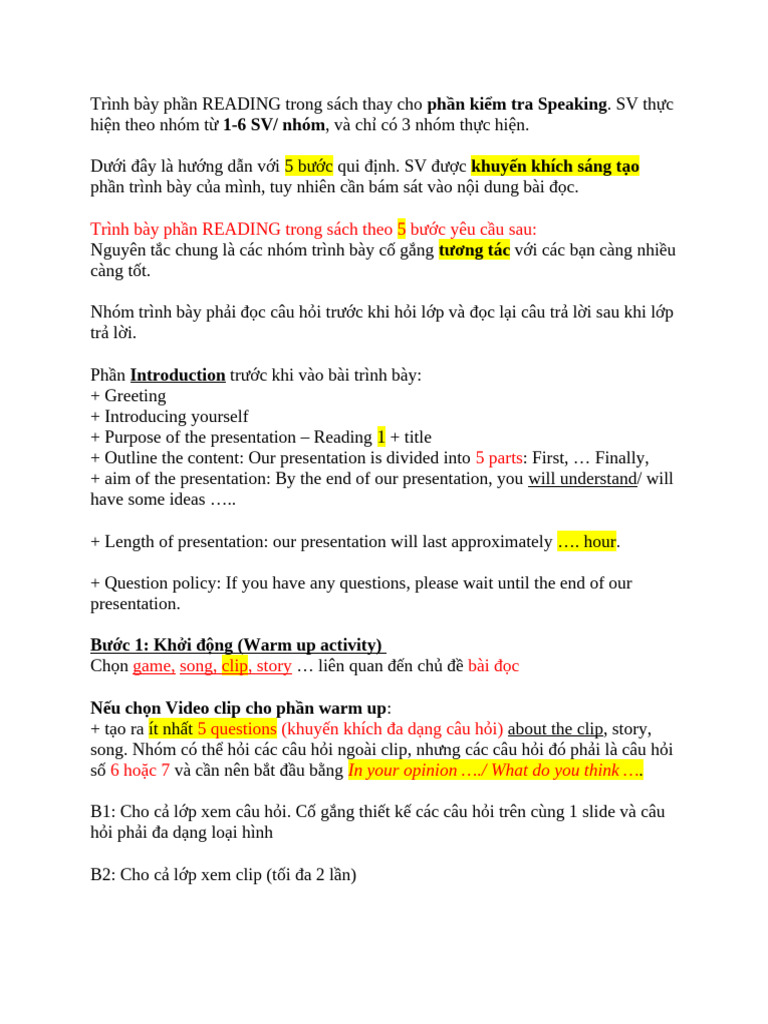 Huong Dan Trinh Bay Bai Reading COB1 | PDF