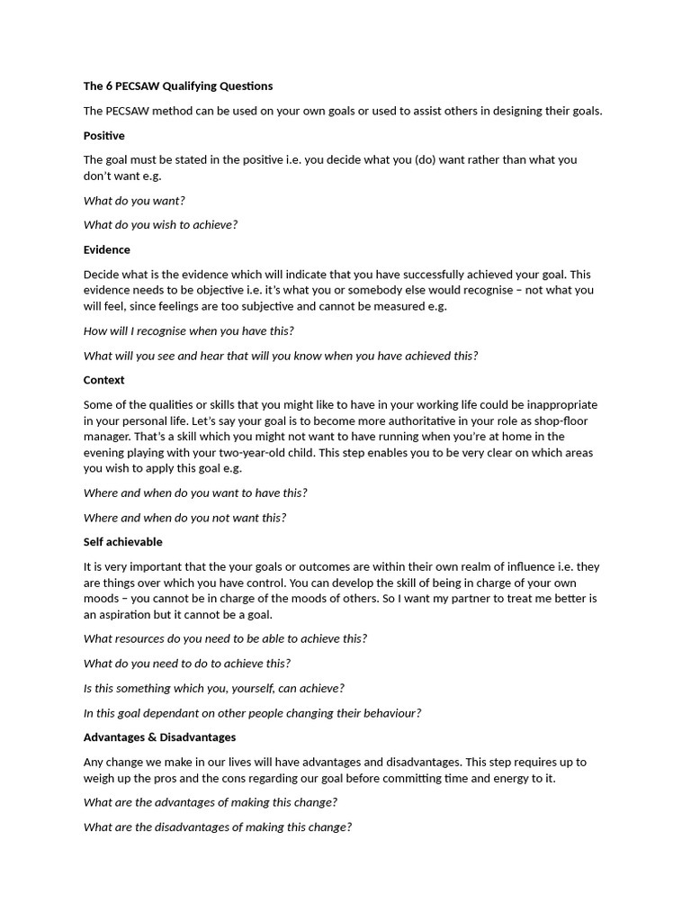 The 6 PECSAW Qualifying Questions | PDF | Goal | Cognition
