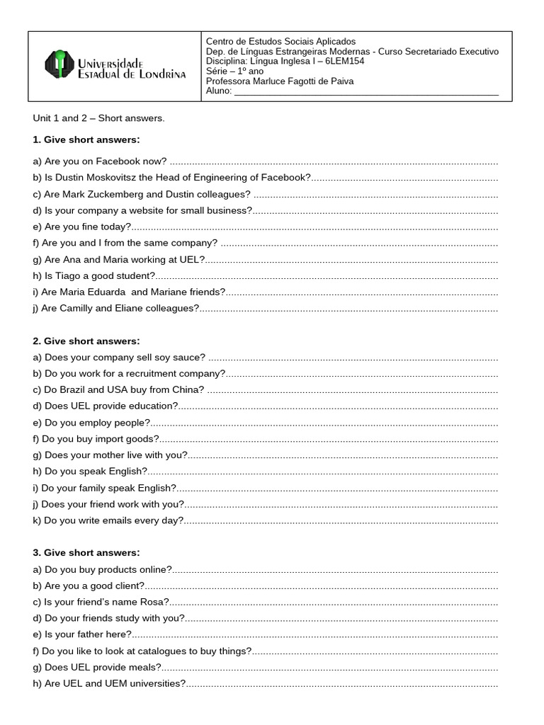 Short Asnwers_elementary Unit 2 | PDF