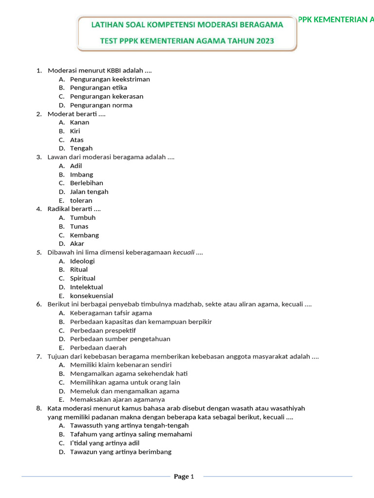 Latihan Soal Moderasi Beragama | PDF