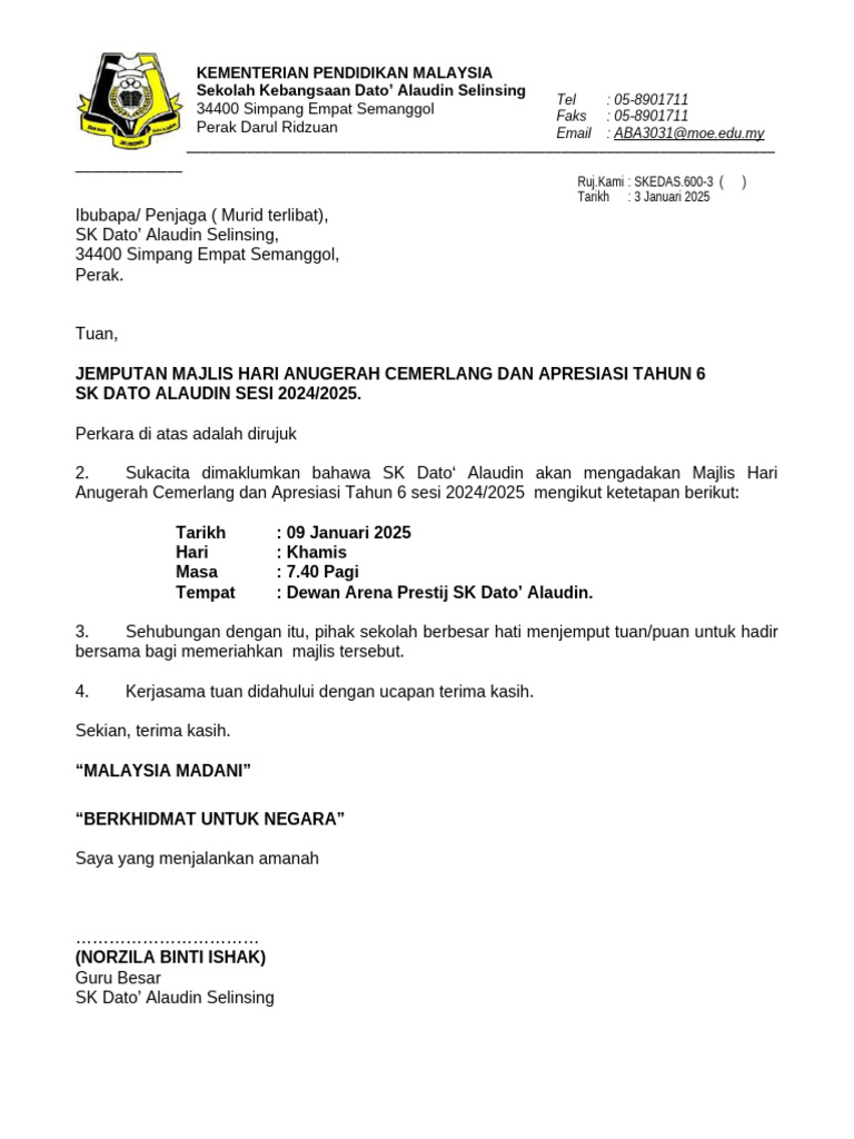 Surat Makluman Cuti Peristiwa Hac Dan Jemputan Ajk 2 | PDF