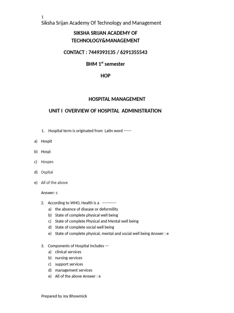 HOP - MCQ 1st semester BHM | PDF | Hospital | Patient