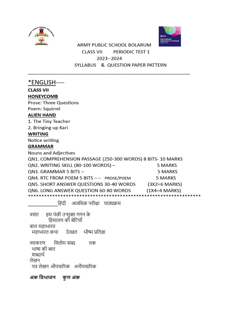 CLASS 7 PDT 1 SYLLABUS & PATTERN | PDF