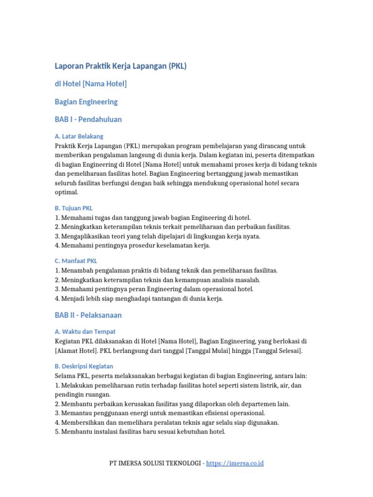 Contoh Laporan PKL Di Hotel Bagian Engineering | PDF